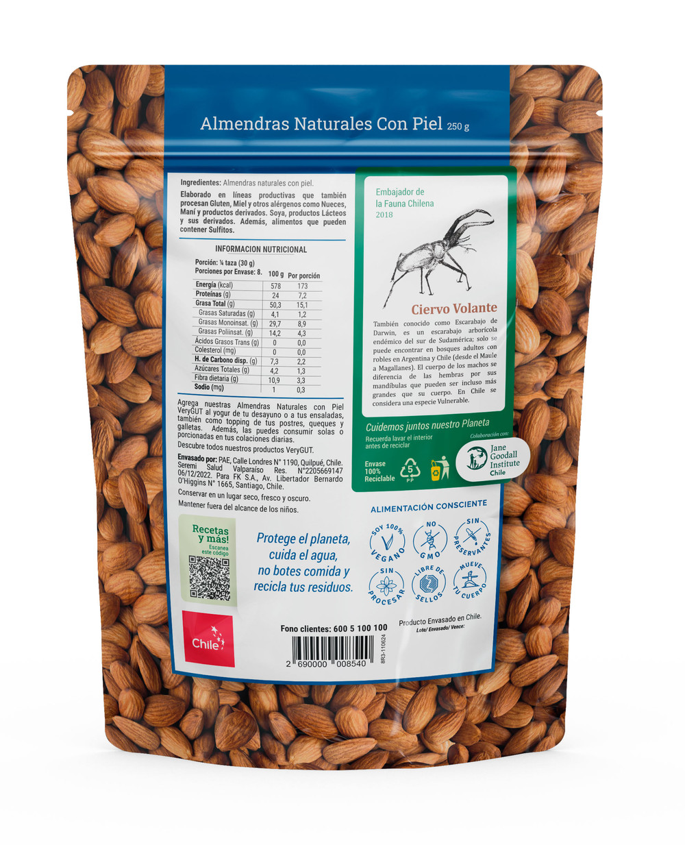 Almendras Naturales con piel 250 g, VERY GUT - Farmacias Knop