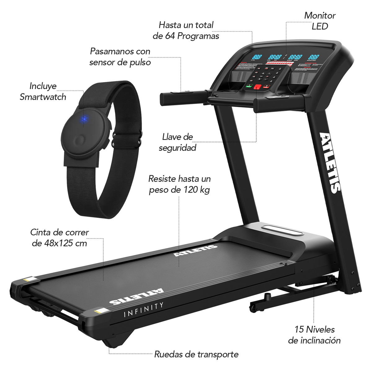 Atletis - Trotadora SmartRun 900 18 km/h 3.0 HP Smartwatch